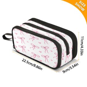 Caikeny Pencil Case Bows Hearts Pen Bag Ribbons Large Capacity Pencil Box Pen Pouch with Zipper Cosmetic Organizer for Kids Teens Adults