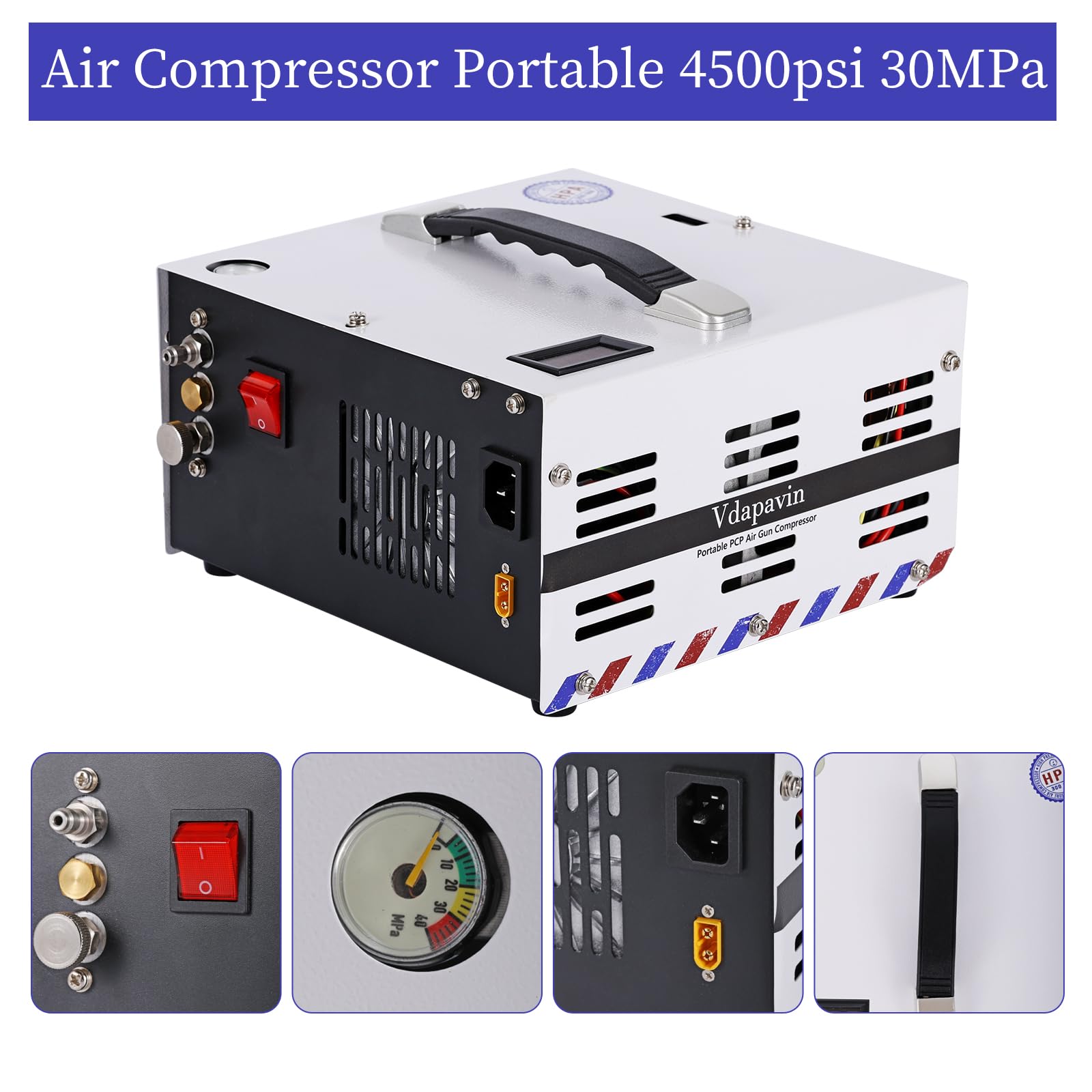 Pcp Air Compressor With Built-In Power Adapter,Oil/Water Free,Compact And Portable,4500psi/30mpa, Powered By 110v /220v Ac Or 12v Dc,Air Gun And Paintball/Scuba Tank Compressor Pump