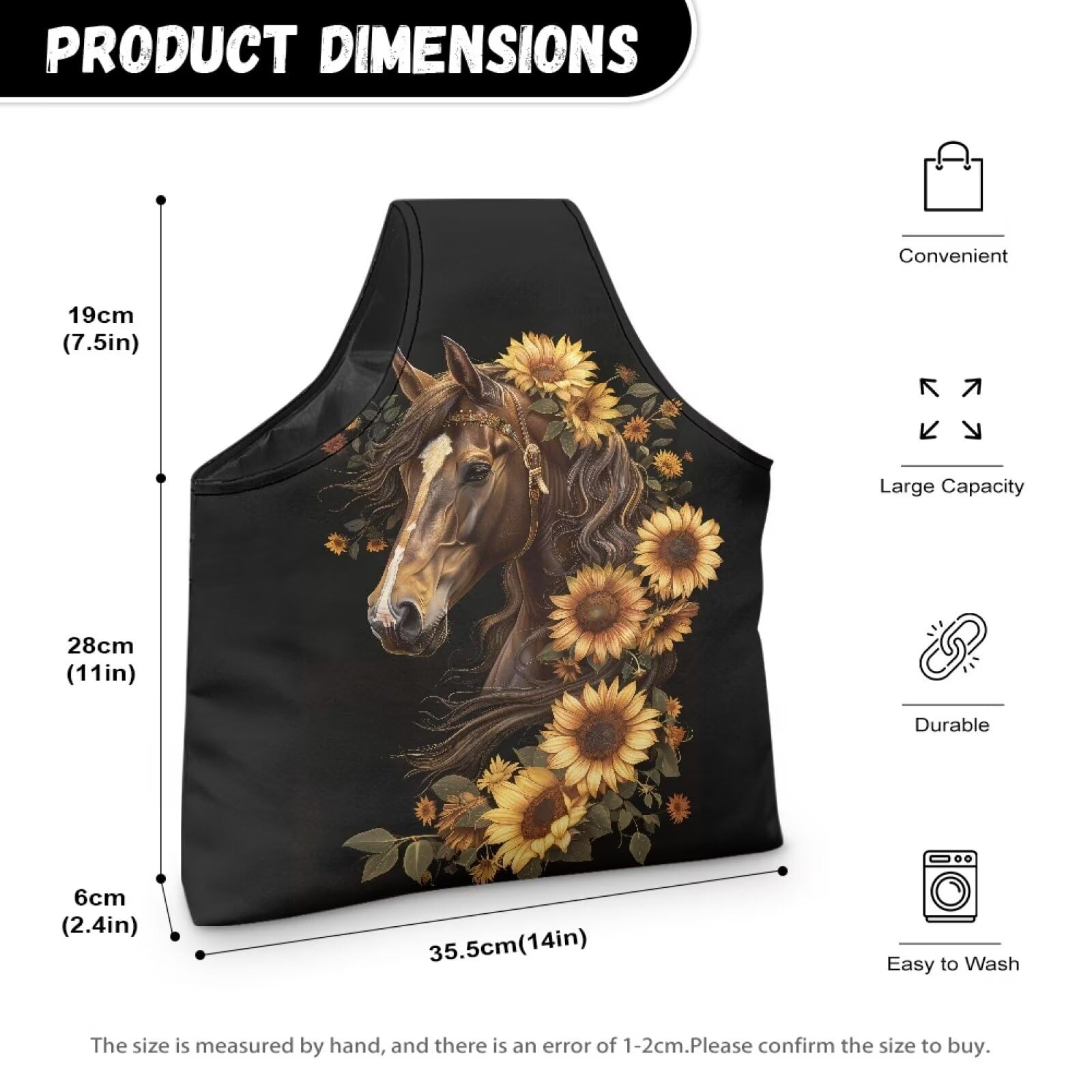 doginthehole Sunflowers Horse Knitting Bag with Front Zipper Pocket, Animals Print Yarn Bag for Crocheting On The Go Crochet Bag Large Size