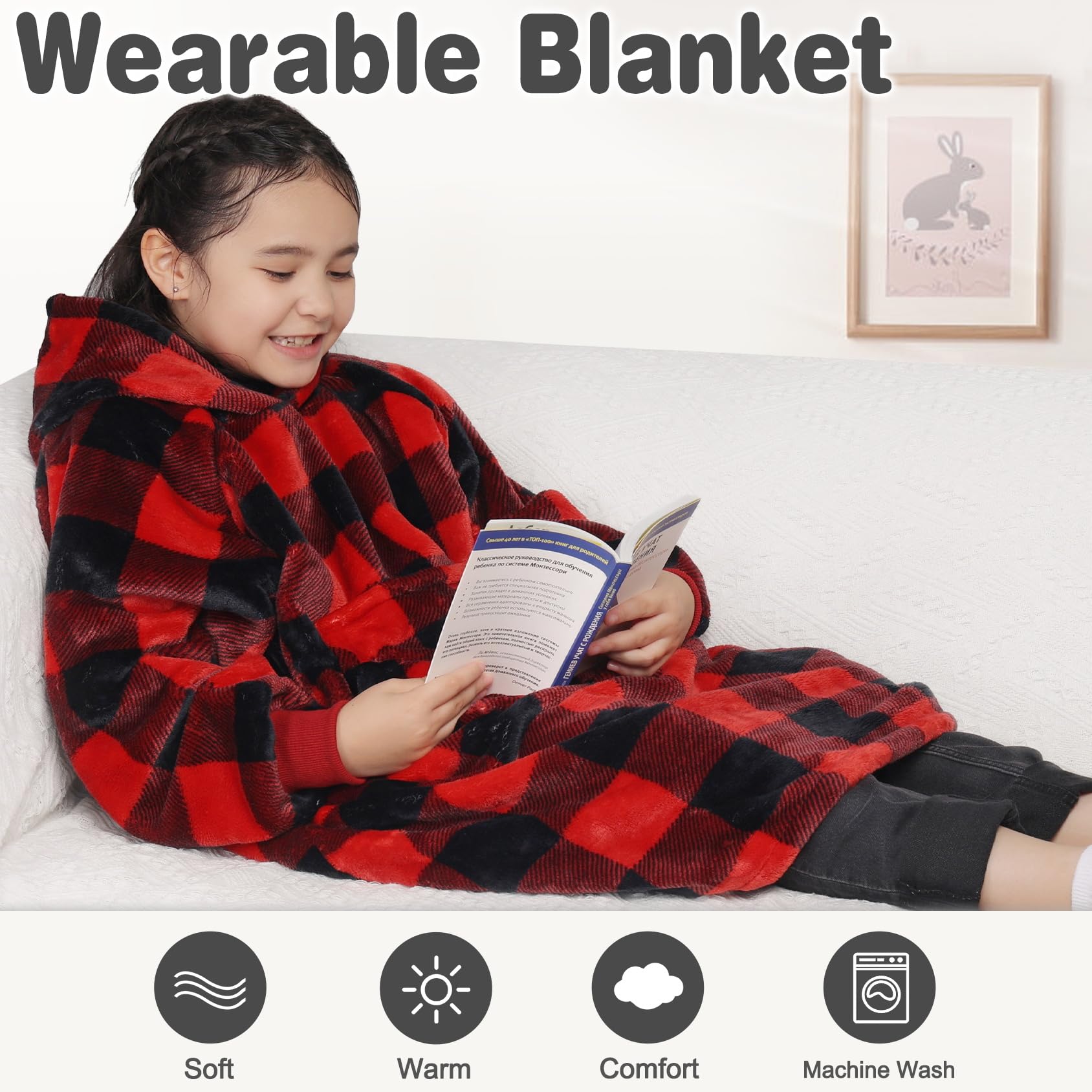 Waitu Wearable Blanket for Kids, Wearable Blanket Hoodie Gifts for Teens Girls and Boys, Warm Blanket Sweatshirt for Teenage, Hoodie Blanket with Sleeves - Red and Black Plaid