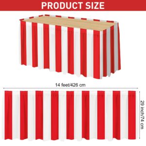 durony 1 Pack Red and White Striped Table Skirt Circus Theme Party Supplies Carnival Table Skirt for Carnival Home Party Decoration, 165 x 30 Inches