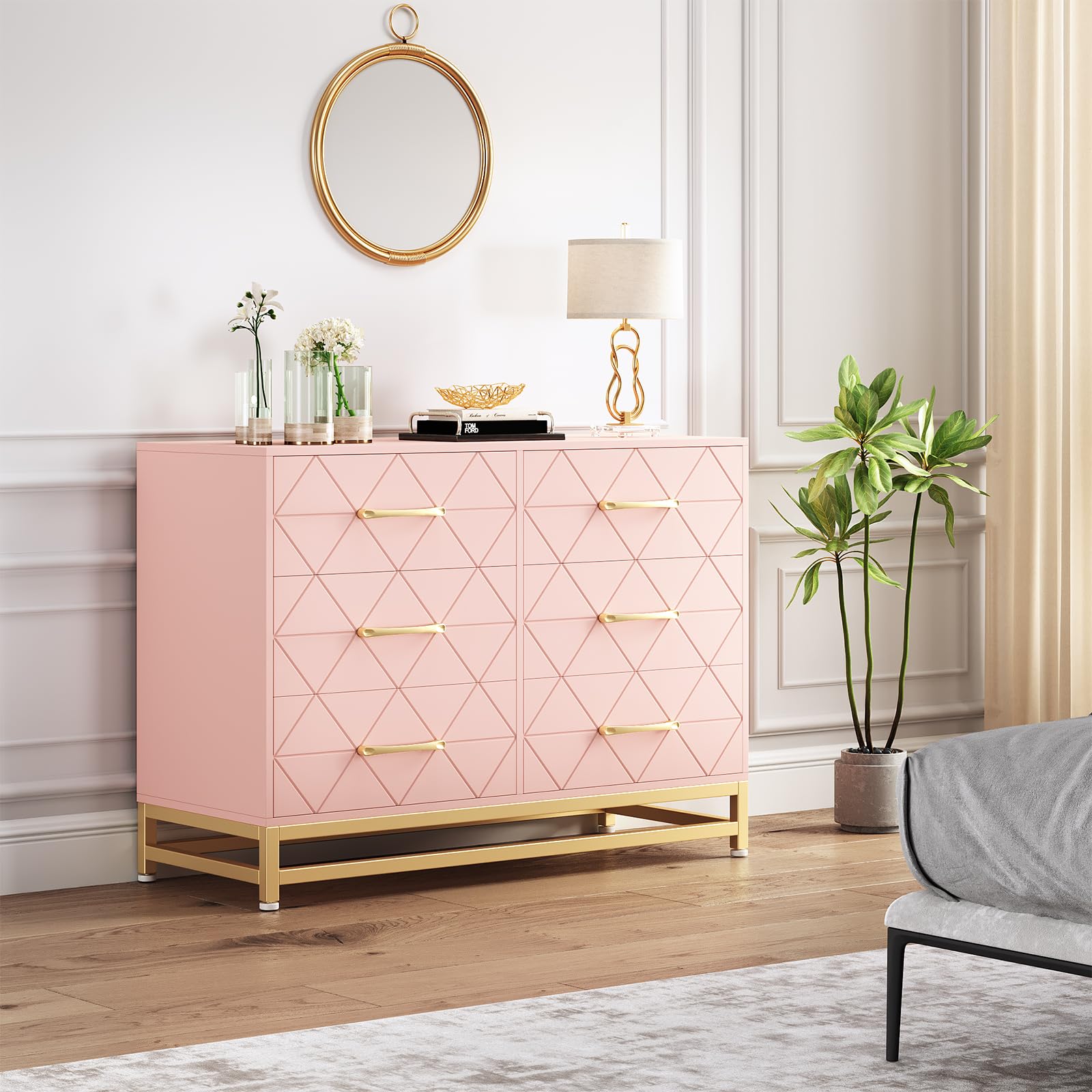 GarveeHome Dresser for Bedroom with 6 Drawer Double Dressers, Modern Wooden Dresser Chest, Beside Table for Closet, Nursery, Living Room, Pink