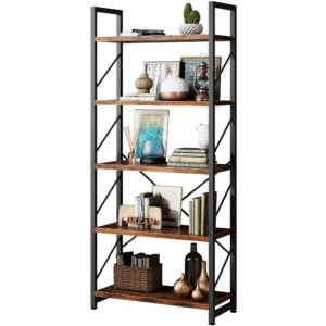 walsunny bookshelf, 5 tier bookshelves, home office bookcase shelf storage organizer, free standing storage shelving unit for bedroom, living room and home office,rustic brown