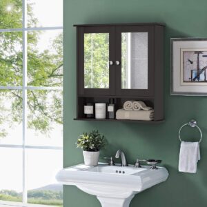 RELAX4LIFE Wall Bathroom Cabinet with Mirror - Wood Over The Toilet Storage Cabinet Space Saver w/2 Doors, Adjustable Shelf & Open Compartment, Modern Wall Mount Medicine Cabinet (Brown)