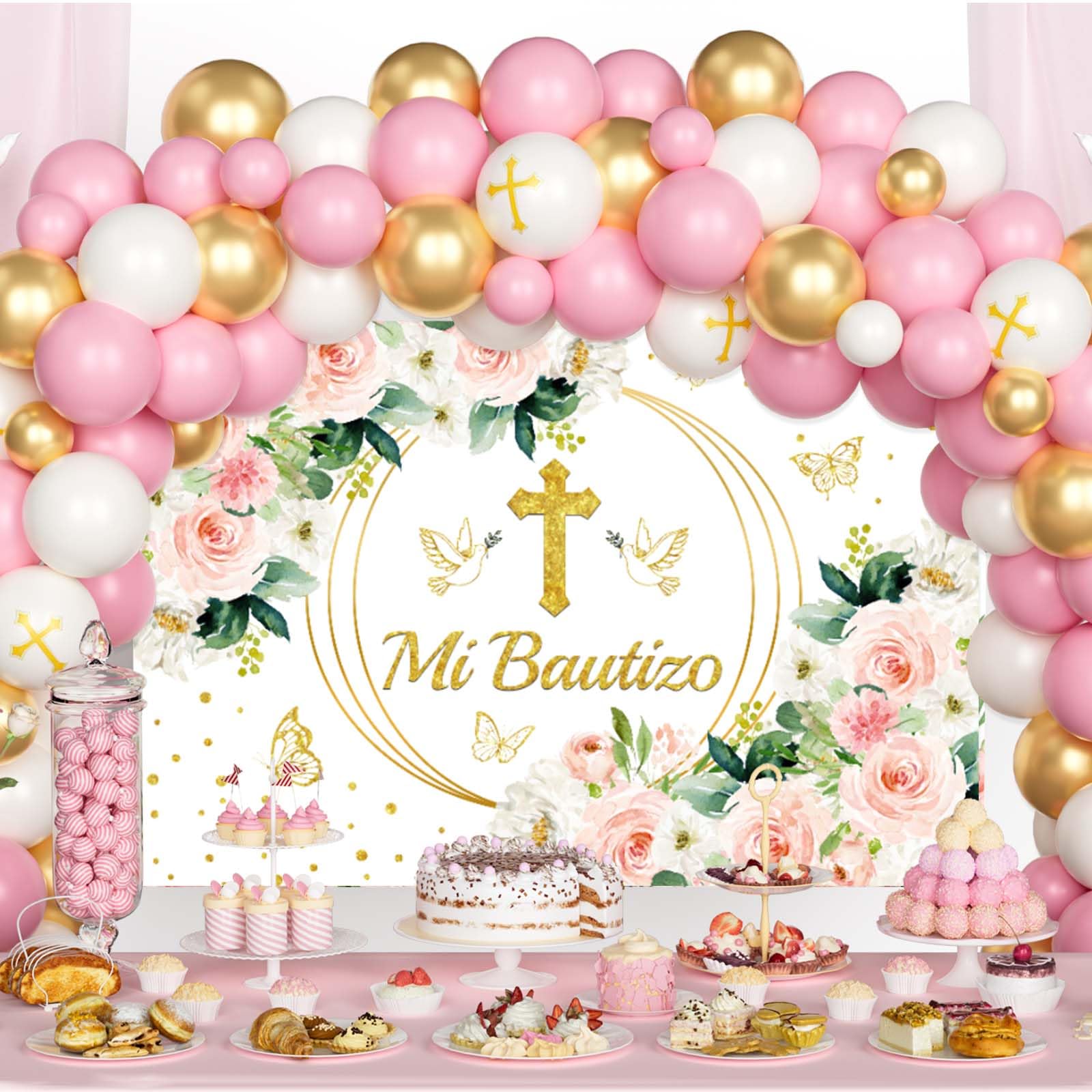 Hombae Baptism Decorations for Girls, Baptism Decorations, First Communion Christening Decorations Party Decorations for Baby Girl, Backdrop Tablecloth Balloon Banner Cake Cupcake Topper 112 PCS