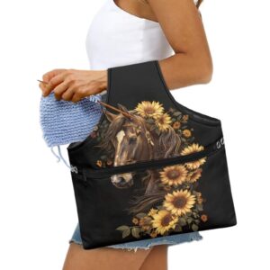 doginthehole Sunflowers Horse Knitting Bag with Front Zipper Pocket, Animals Print Yarn Bag for Crocheting On The Go Crochet Bag Large Size