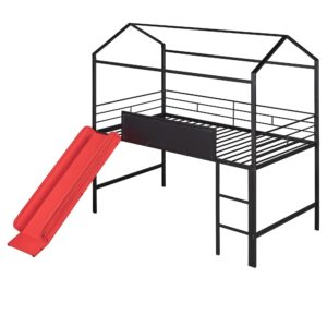 Twin House Loft Beds with Slide & Chalkboard, Low Loft Bed Twin Size, Metal House Bed with Guardrail and Ladder, Metal Twin Size Loft Bed for Kids Teens Girls Boys (Twin, Black + Red)