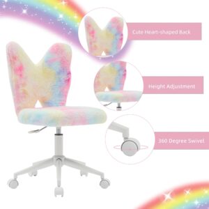 BlissInno Kids Chair, Cute Fuzzy Butterfly Girls Desk Chair, Rolling Study Reading Chair for Girls, Comfy Swivel Computer Chair with Wheels & Back, Adjustable Childrens Vanity Chair for Bedroom