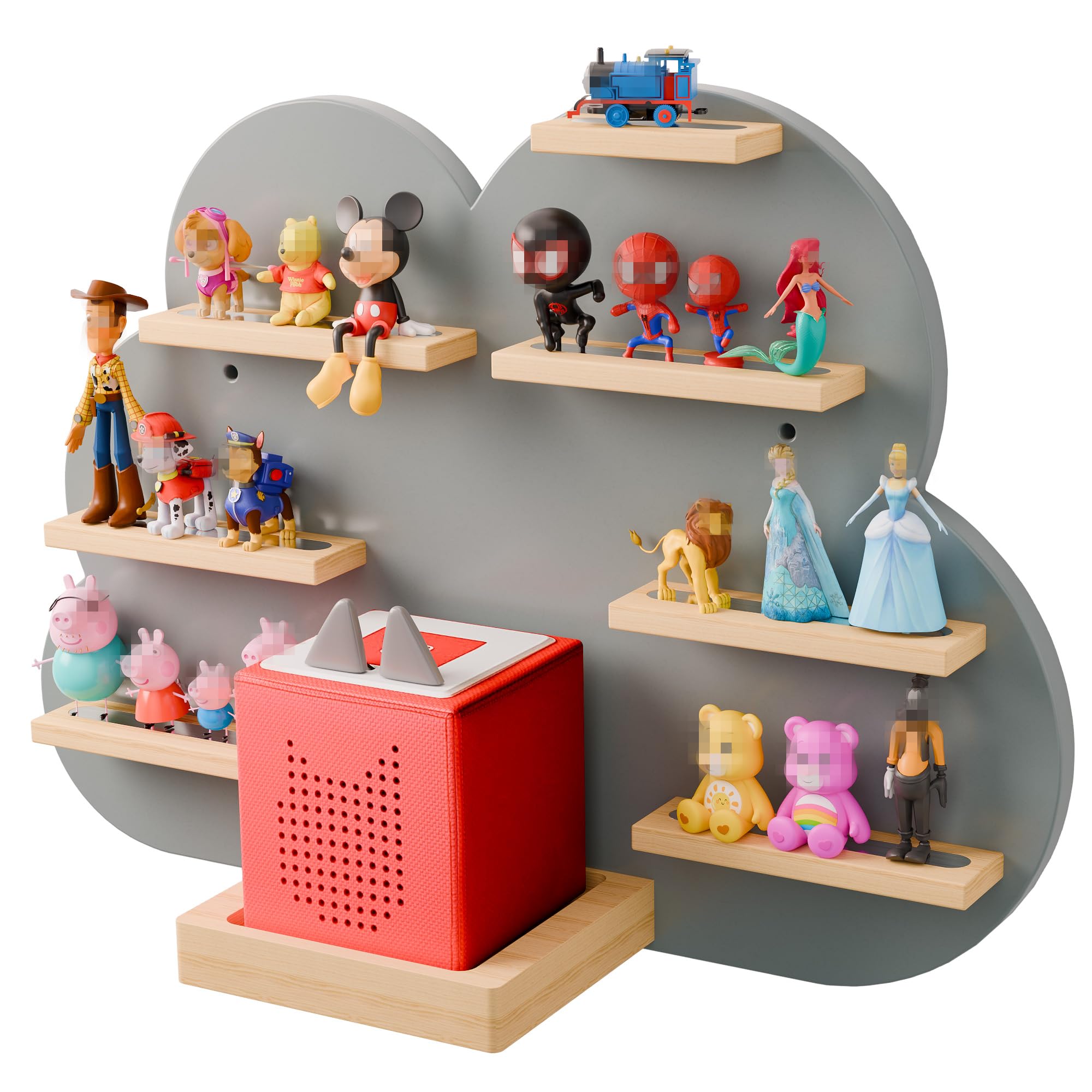 LUPWNEKA Cloud Tonie Shelf for Toniebox Storage - Unique Floating Magnetic Wall Shelf for 16-26 Tonie Figures,Grey Beech Wood Display Tonie Shelf for Children Kids, Nursery Room