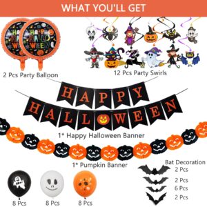 52 PCS Halloween Party Decorations Set Include Happy Halloween Banner, Pumpkin Banner, Hanging Swirl Streamers, Bats Wall Decor, Halloween Balloons Home Decor Party Favors Supplies