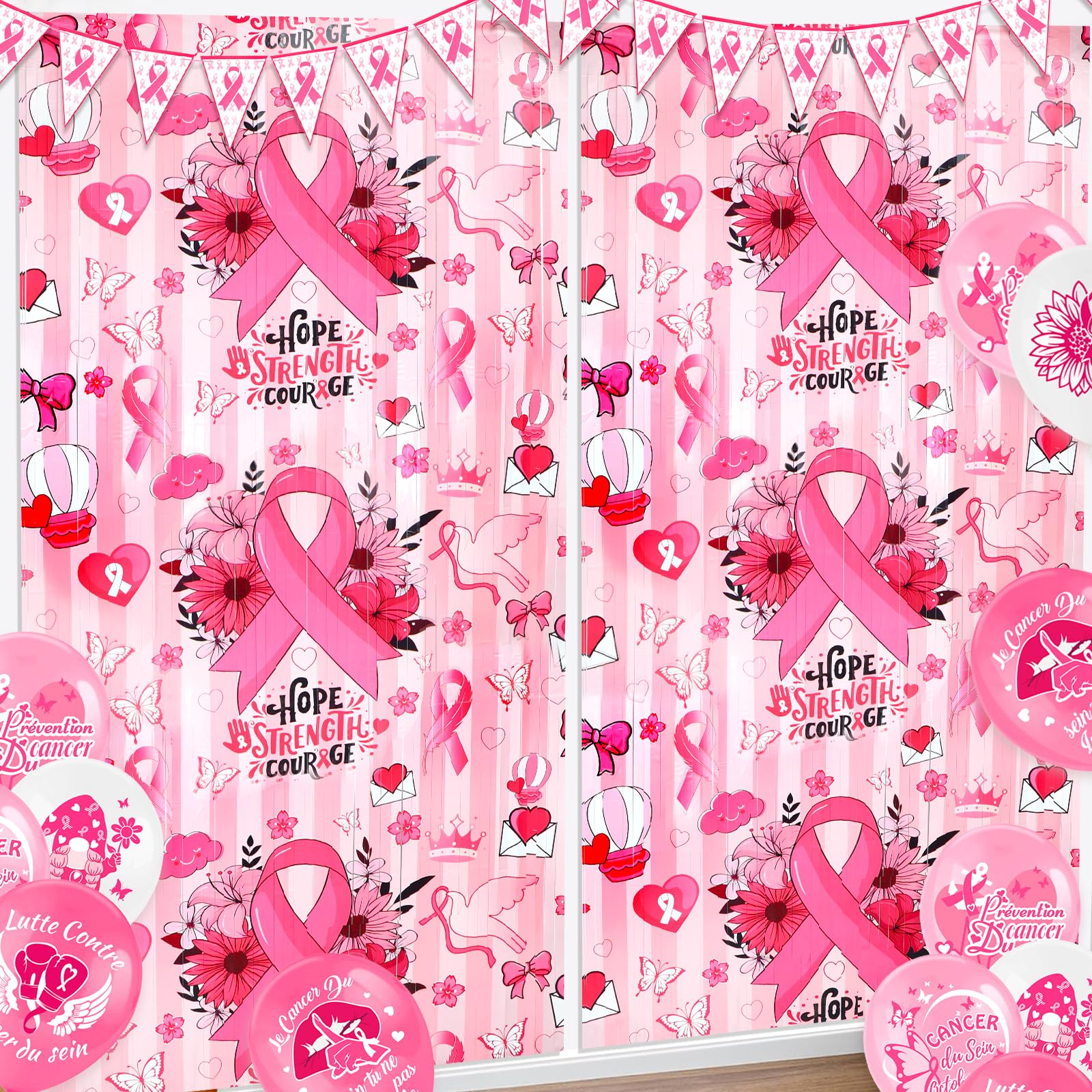 HOWAF Breast Cancer Awareness Foil Fringe Curtains Decoration, 2 Pack 3.2 * 6.5ft Pink Ribbon Photo Booth Backdrop Hope Fight Breast Cancer Streamer Tinsel Curtains for Hope Strength Women Supplies