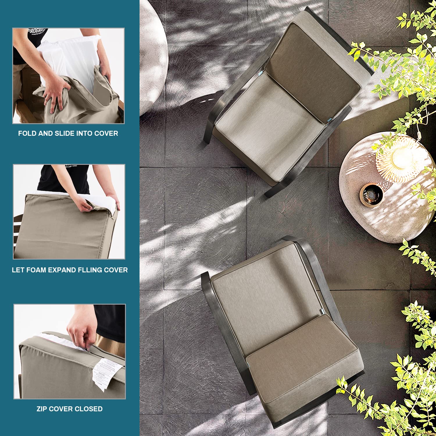 ARTPLAN Deep seat Cushions for Outdoor Furniture,24x24 Inches,Back 18"x24",H:6". Extra Thick Outdoor Patio Sofa Lawn Chair Cushions,Khaki