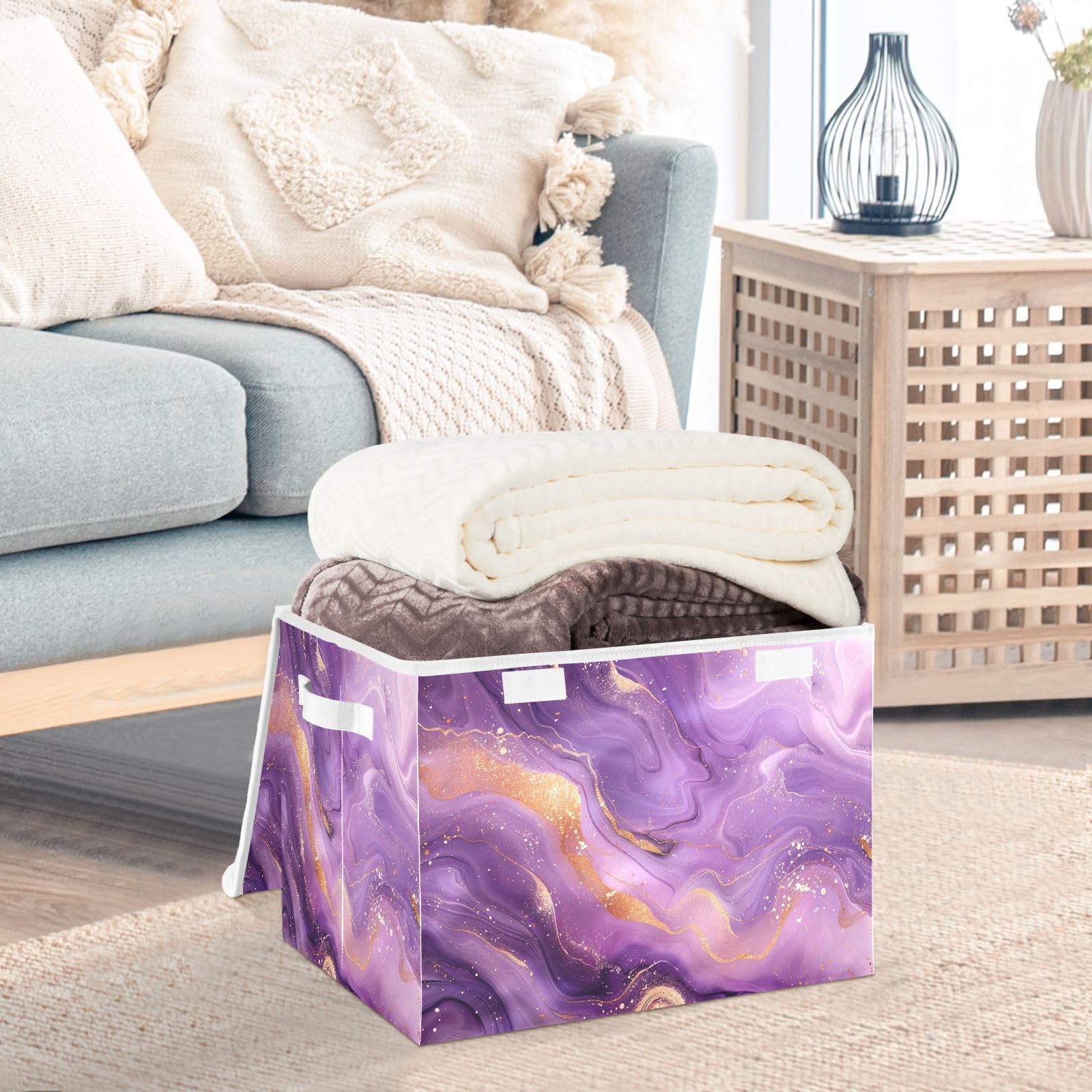 YETTASBIN Purple Marble Storage Basket with Lid and Handles, Large Collapsible Fabric Storage Bins Sturdy Storage Organizer for Shelves, Closet, Bedroom, School, Office, Home Decor