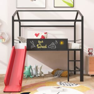 twin house loft beds with slide & chalkboard, low loft bed twin size, metal house bed with guardrail and ladder, metal twin size loft bed for kids teens girls boys (twin, black + red)