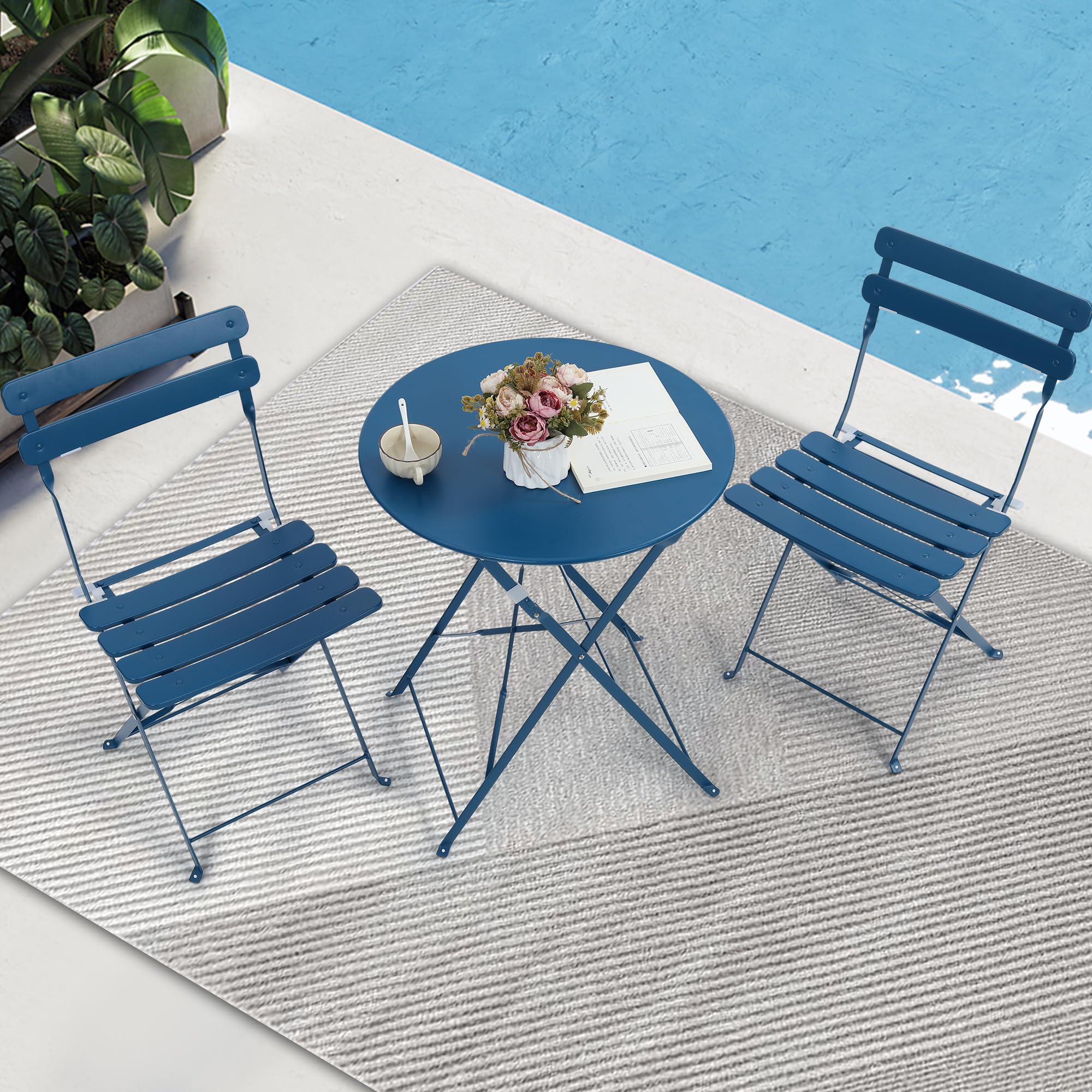 Kromax Outdoor Patio Bistro Set, Folding Bistro Table and Chairs Set, 3 Piece Folding Patio Furniture Set, Space Saving, Blue