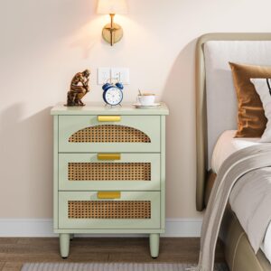 Tribesigns Mint Green Nightstand, 3-Drawer Rattan Night Stand Side Table, Accent Bedside Tables End Table for Bedroom and Small Spaces, Easy Assembly (1, Green)