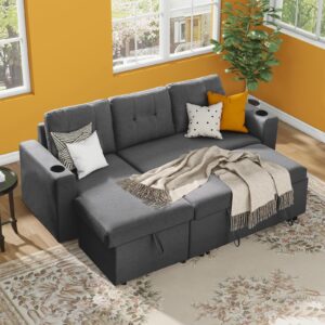 IULULU L Shaped Sectional Sofa, 82 Inch Convertible Sleeper Couch with Pullout Bed, Storage Chaise, Cupholders, 2 in 1 Pull Out Couch for Living Room, Apartment, Charcoal Grey