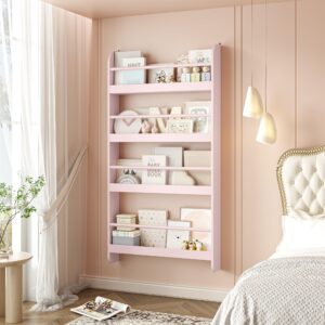 fotosok kids bookshelf, wall mount 4-tier book shelf organizer for toys and books, toy storage bookshelf in bedroom, living room and nursery, pink