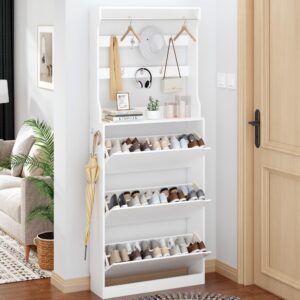 Shoe Cabinet for Entryway with 3 Flip Drawers, White Tall Wood Shoe Storage Cabinet with Coat Rack, Narrow Hidden Slim Freestanding Shoe Rack Organizer, 2 in 1 Hall Tree for Living Room, Hallway