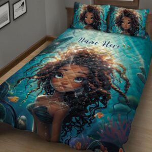 OhaPrints Personalized Black Teen Girl Quilt Bed Set, African American Mermaid Melanin Quilt Blanket & Pillowcases - King Queen Double Twin Throw Bedspread Bedding & Pillow Cover, Gift Afro Daughter