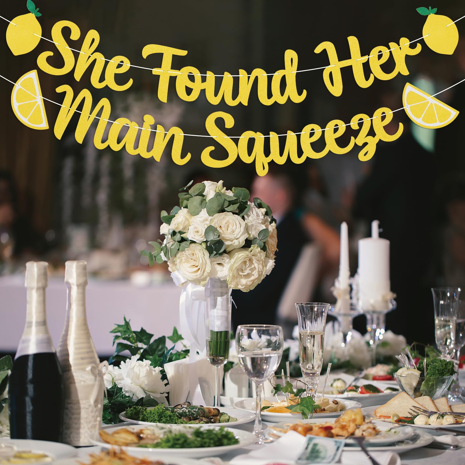 She Found Her Main Squeeze Banner - Spritz O’Clock Banner, Lemon Citrus Lemonade Theme Bridal Shower Bride to Be Wedding Engagement Bachelorette Party Supplies Gold Glitter