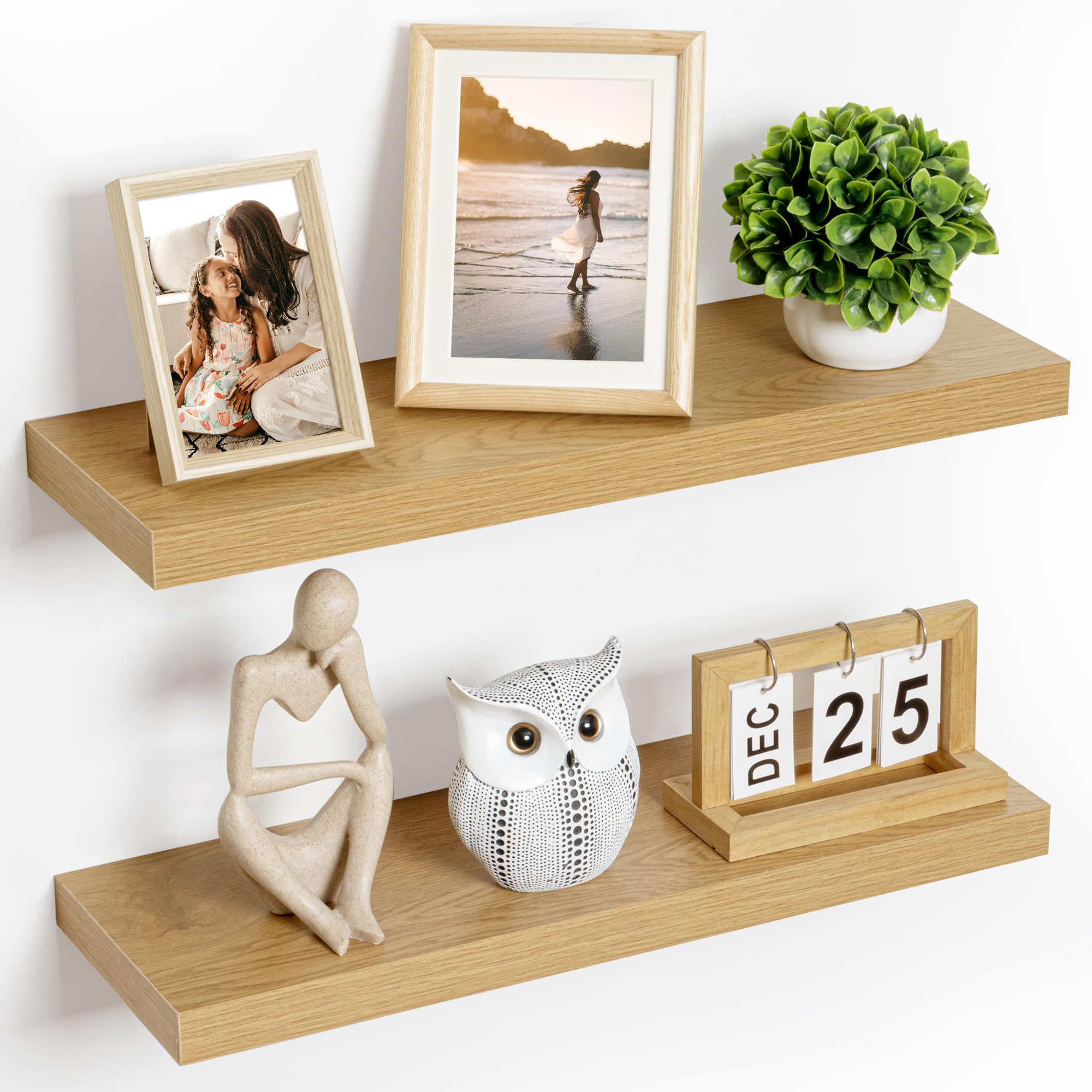 Fun Memories 8" Deep Oak Floating Shelves, Rustic Wood Deep Wall Shelves for Wall Decor & Storage, 24 x 8 Floating Shelf for Living Room, Bathroom, Bedroom, Set of 2