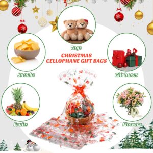 MIMIND 12 Pieces Christmas Large Basket Bags Clear Cellophane Bags 20 x 28 Inch Red Green Basket Bags Clear Thickened Gift Cookie Bags with Red Green Twist Ties, Bows Ribbon for Christmas Gift Baskets