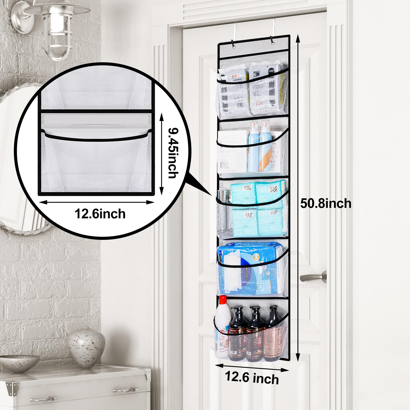 Hanging Shelves Over the Door Organizer Storage for Closet with 5 Mesh Pockets Organizers, Days of the Week Clothes Organizer for Bathroom Bedroom, 2 Pack