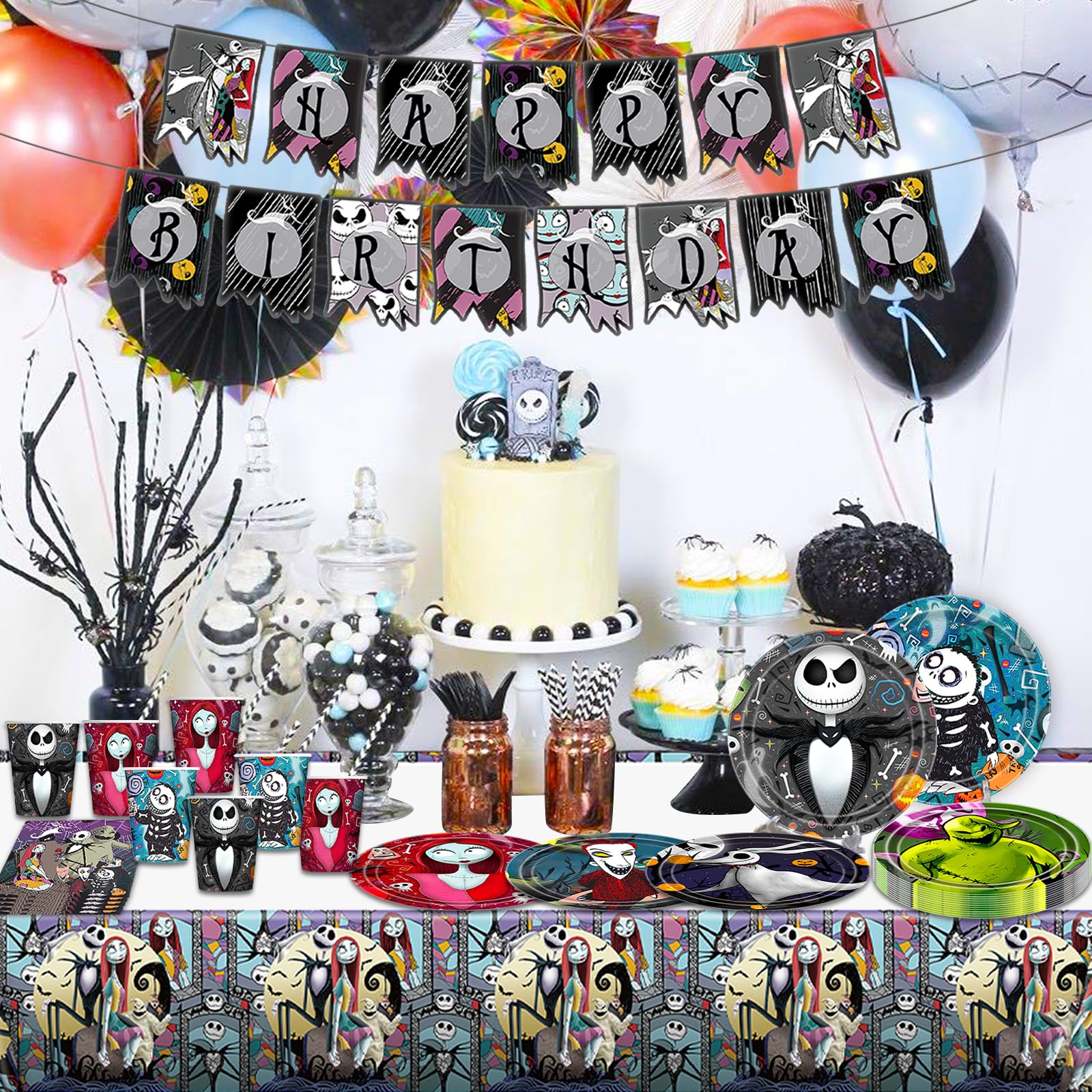 Nightmare Party Supplies 123Pcs Nightmare Tableware Included Banner,Cups,Plates,Napkins,Tablecloth for Nightmare Halloween Party Decoration Supplies