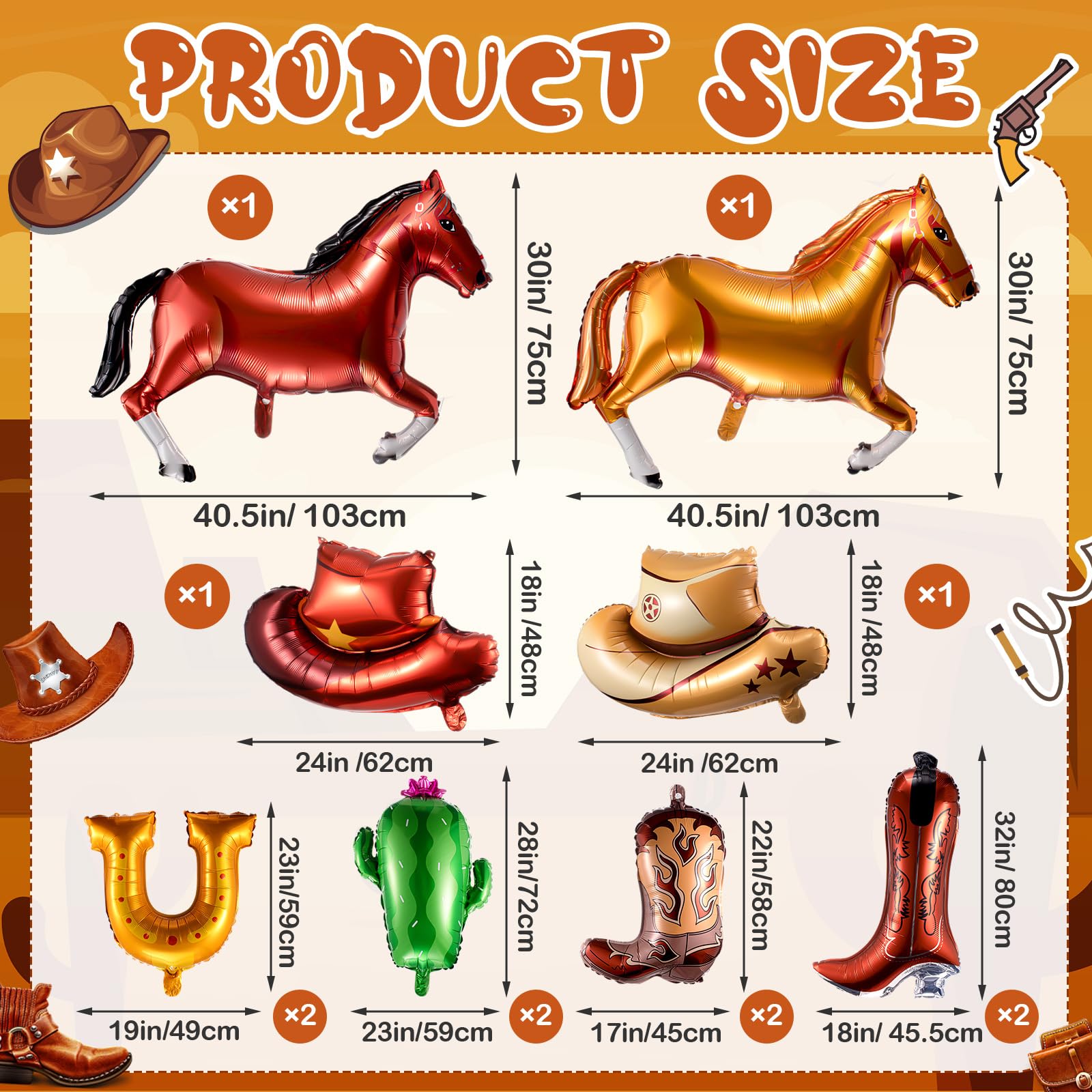 Hungdao 12 Pcs Western Themed Balloons Rodeo Balloons Cowboy Cowgirl Boots Hat Horse Cactus Horseshoe Balloons for First Rodeo Birthday Baby Shower Bachelorette Wedding Party Decor