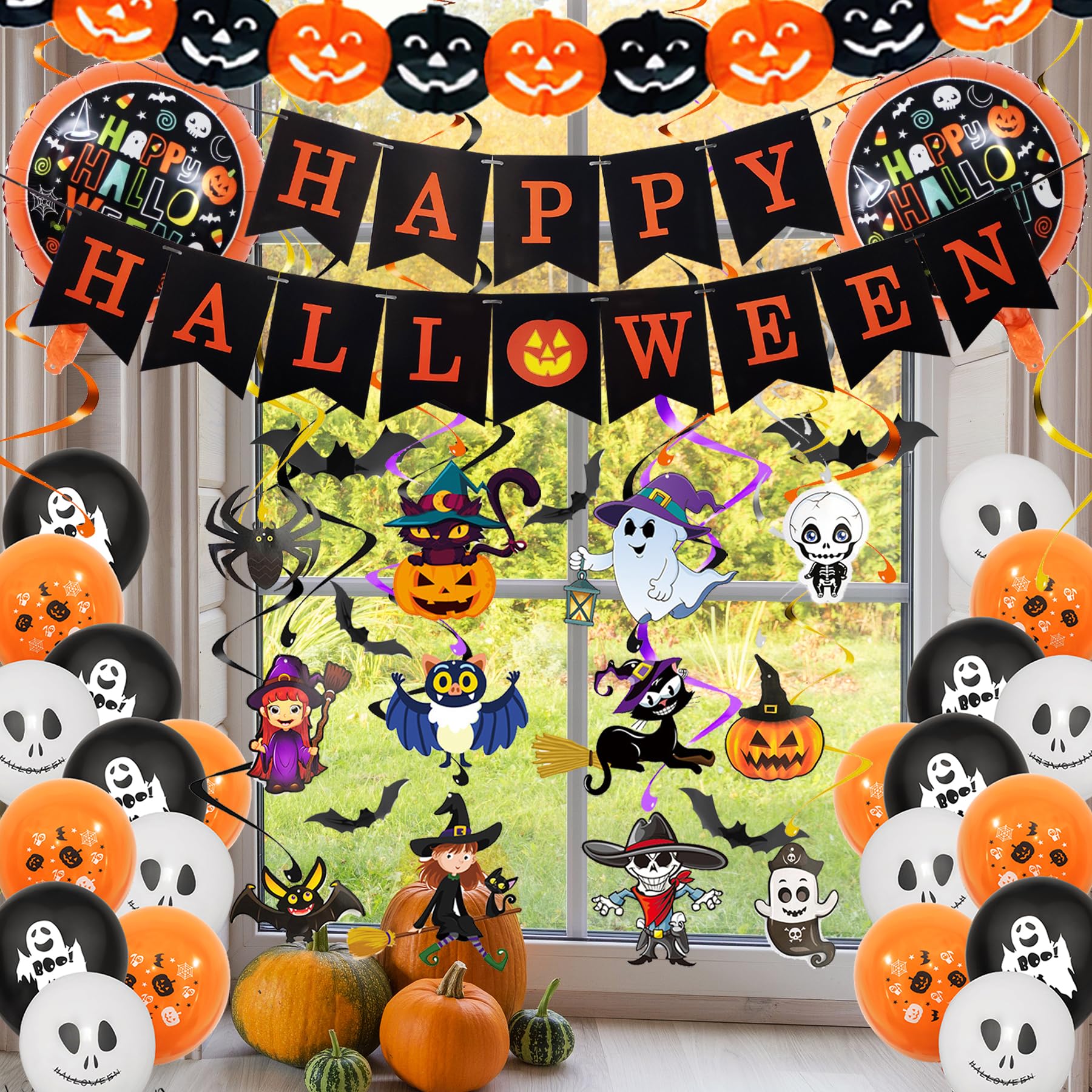 52 PCS Halloween Party Decorations Set Include Happy Halloween Banner, Pumpkin Banner, Hanging Swirl Streamers, Bats Wall Decor, Halloween Balloons Home Decor Party Favors Supplies