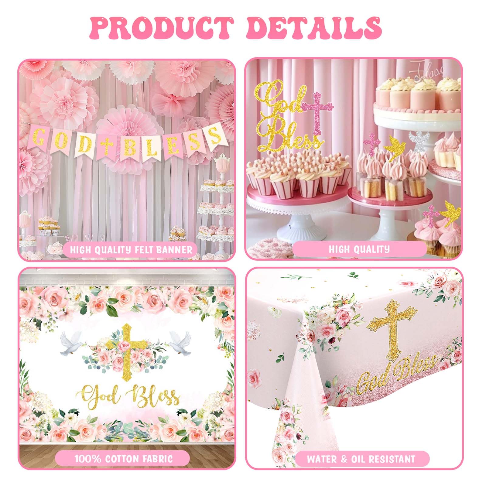 Hombae Baptism Decorations for Girls, Baptism Decorations, First Communion Christening Decorations Party Decorations for Baby Girl, Backdrop Tablecloth Balloon Banner Cake Cupcake Topper 112 PCS