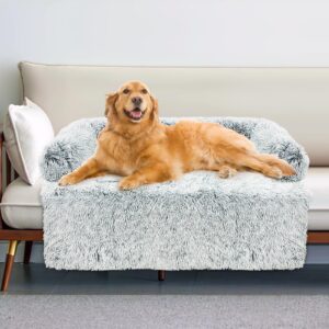 hapyclaw calming dog couch bed for large dogs, waterproof dog bed furniture protector washable, fluffy dog couch cover for dogs and cats, large, grey, 40.2 x 35.4 x 7.9 inches