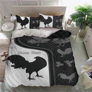 ohaprints personalized chicken duvet cover, rooster farm animal black & white bedding set & pillowcases, custom name soft lightweight twin full queen king comforter cover bed set