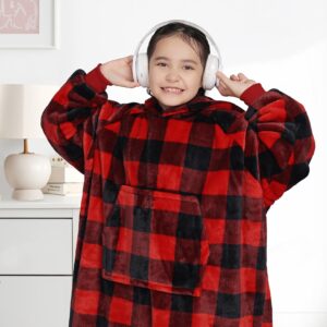 Waitu Wearable Blanket for Kids, Wearable Blanket Hoodie Gifts for Teens Girls and Boys, Warm Blanket Sweatshirt for Teenage, Hoodie Blanket with Sleeves - Red and Black Plaid