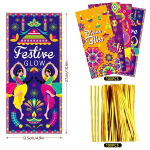 Konsait Happy Diwali Gift Bags, 100 Pack Cellophane Treat Bags with Ties Cookie Bags for Packaging Diwali Gift Bag 4 Designed Candy Bags for Indian Diwali Festival Party Favors