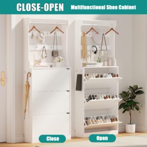 Shoe Cabinet for Entryway with 3 Flip Drawers, White Tall Wood Shoe Storage Cabinet with Coat Rack, Narrow Hidden Slim Freestanding Shoe Rack Organizer, 2 in 1 Hall Tree for Living Room, Hallway