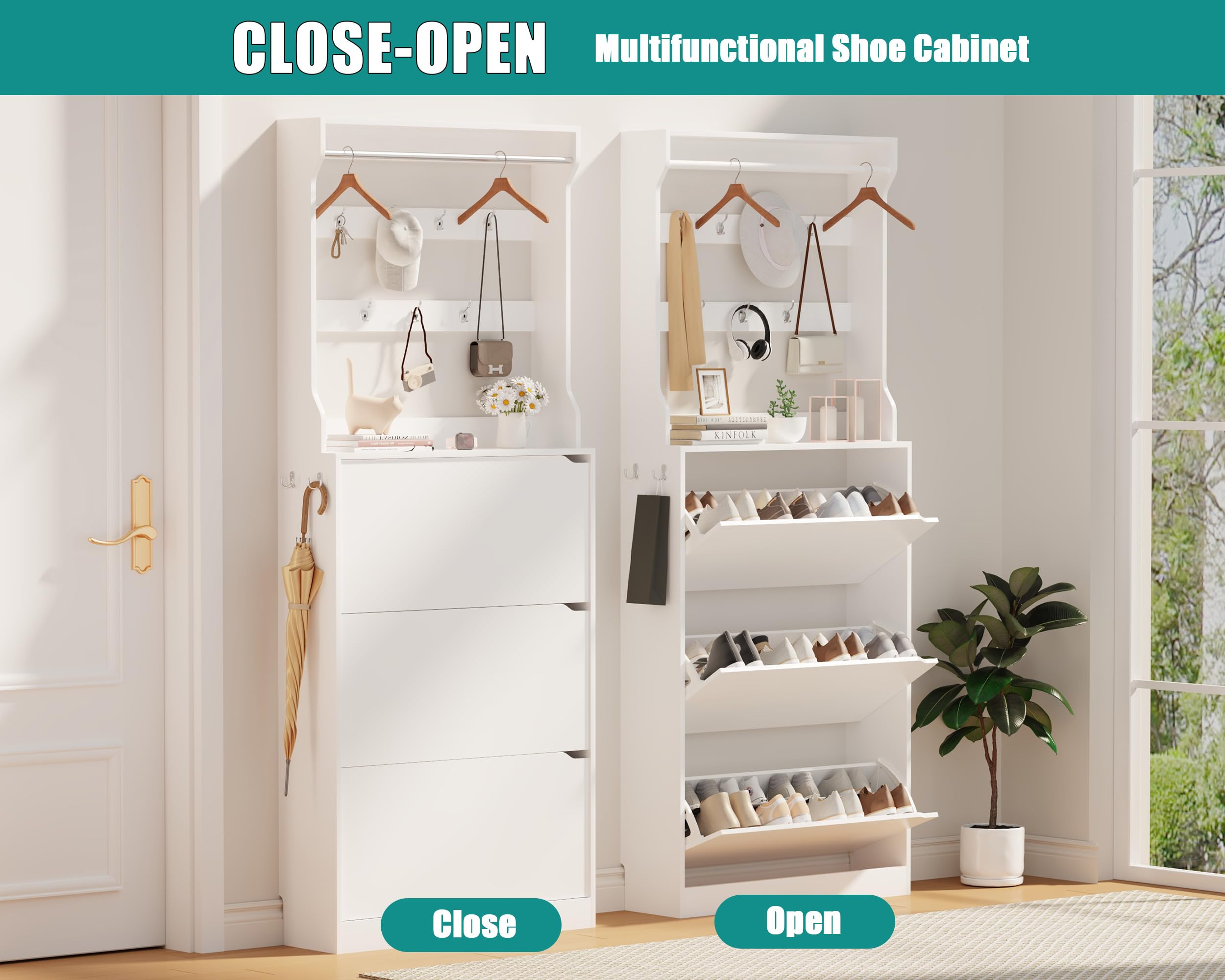 Shoe Cabinet for Entryway with 3 Flip Drawers, White Tall Wood Shoe Storage Cabinet with Coat Rack, Narrow Hidden Slim Freestanding Shoe Rack Organizer, 2 in 1 Hall Tree for Living Room, Hallway