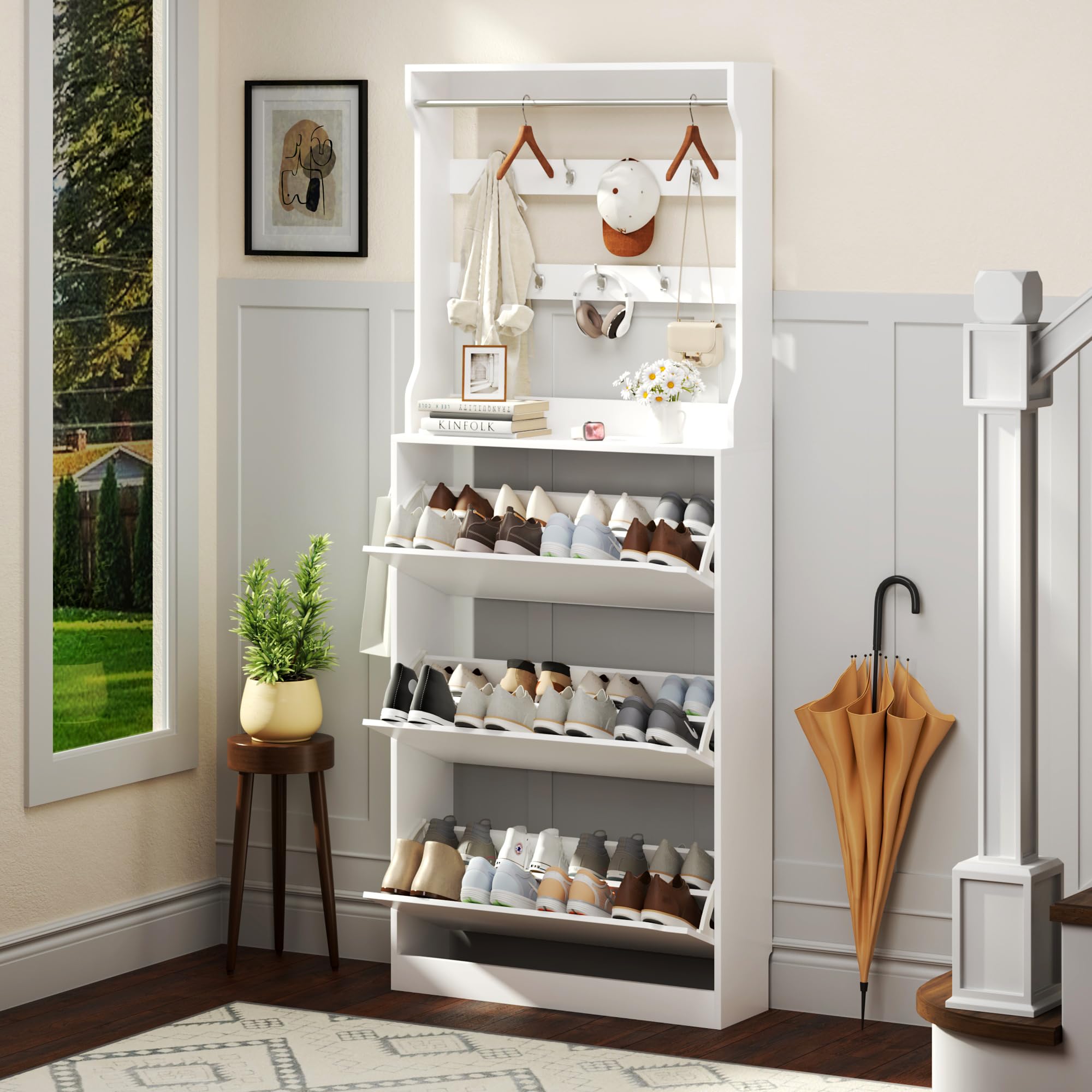 Shoe Cabinet for Entryway with 3 Flip Drawers, White Tall Wood Shoe Storage Cabinet with Coat Rack, Narrow Hidden Slim Freestanding Shoe Rack Organizer, 2 in 1 Hall Tree for Living Room, Hallway