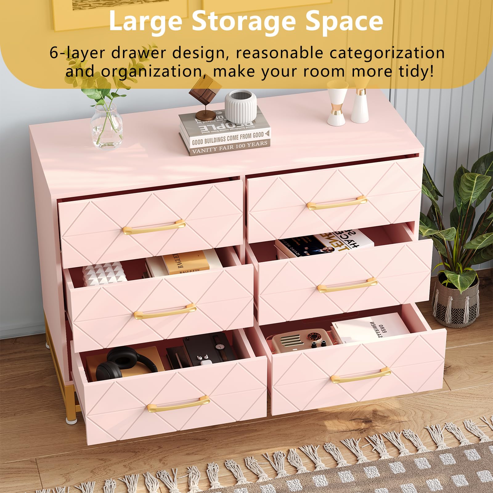 GarveeHome Dresser for Bedroom with 6 Drawer Double Dressers, Modern Wooden Dresser Chest, Beside Table for Closet, Nursery, Living Room, Pink