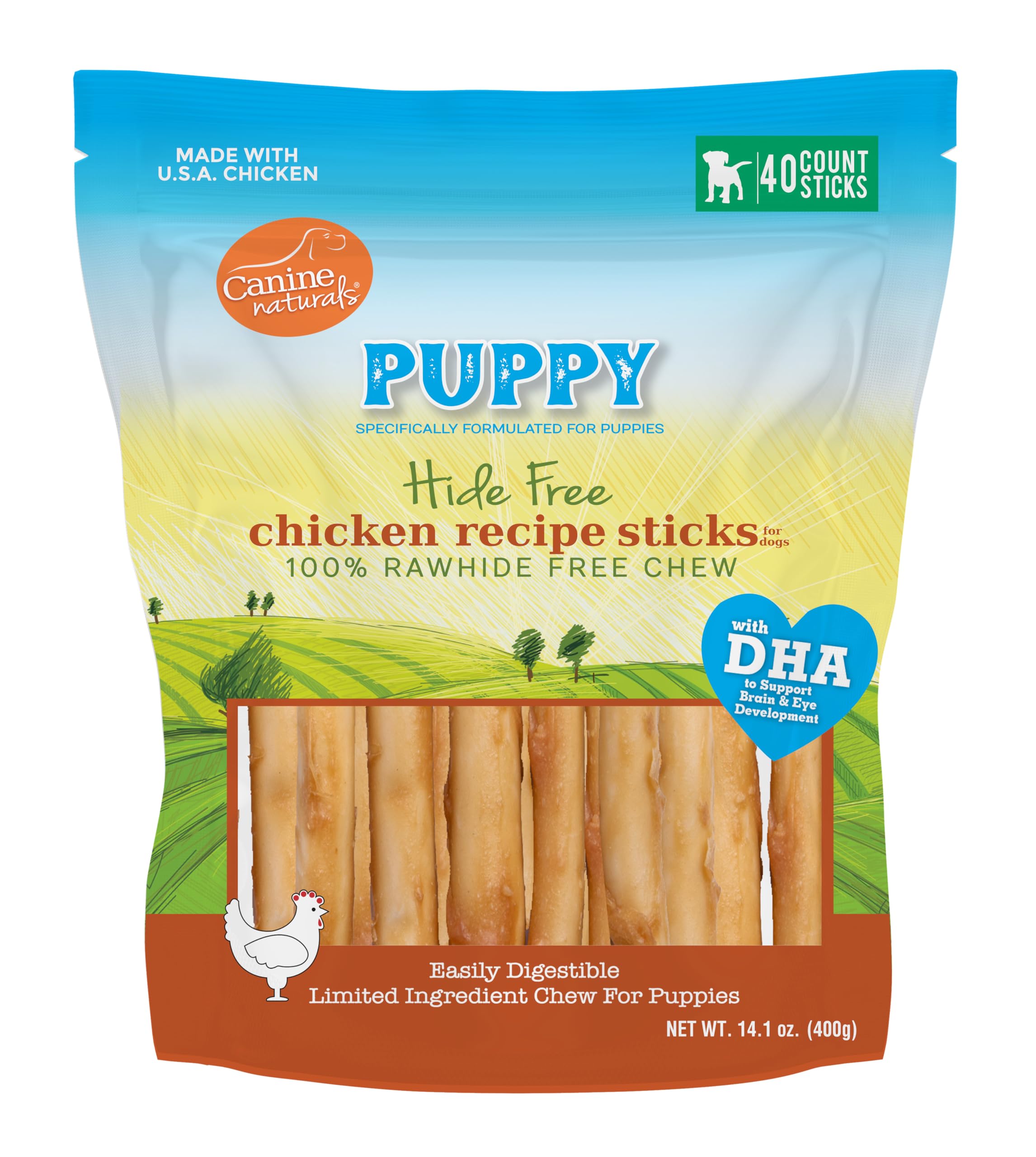 Canine Naturals Puppy Chicken and Rice Chew - Rawhide Free Puppy Treats - Made with USA Chicken - All-Natural & Easily Digestible - 40 Pack of 5-Inch Sticks for Puppies