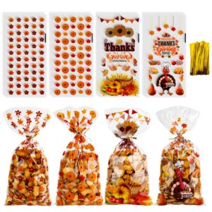 thanksgiving treat bags, 100pcs thanksgiving goodie bags with twist ties, thanksgiving gift bags plastic candy bags cellophane treat bags party favor bags cookie bags fall pumpkin maple leaves bulk