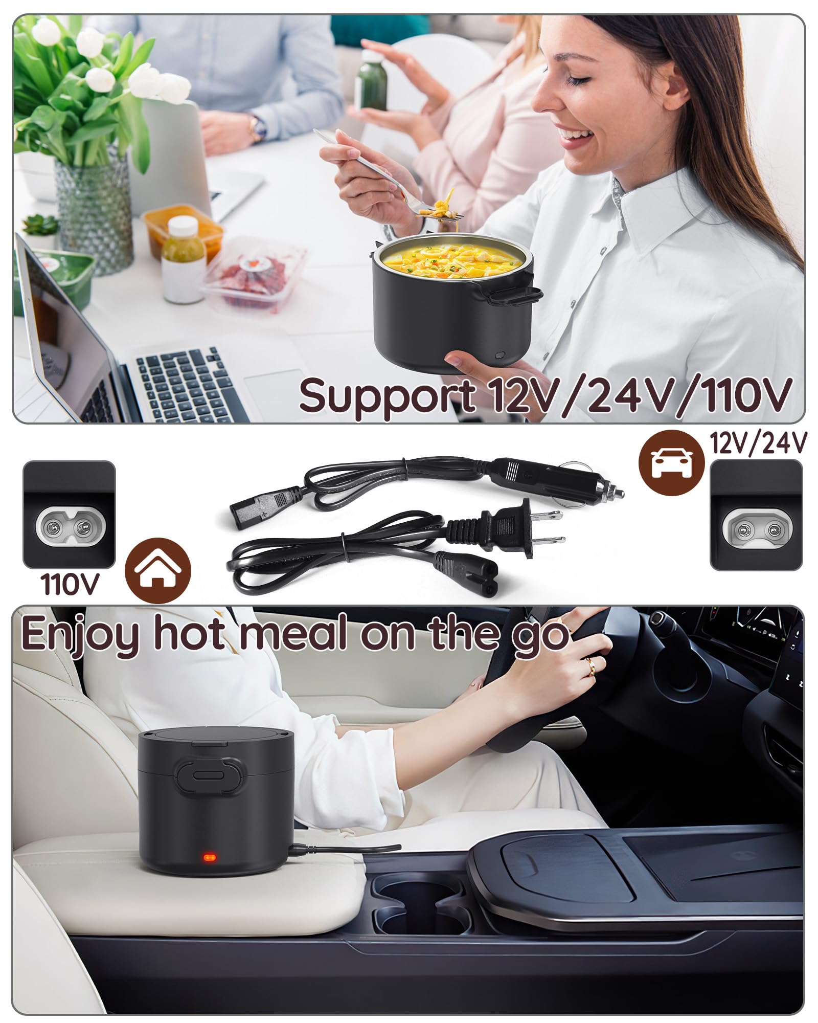 CDBEEE Electric Lunch Box for Adults,100W Heated Lunch Box 12/24/110V Lunch Warmer Leakproof,33Oz Portable Food Warmer for Work,Travel, home,Office,On-the-Go,Lonchera Eléctrica Portátil (Black)