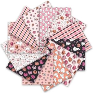 jarthenaamcs 12pcs halloween cotton fabric bundles 18 x 22 inch pumpkin ghost flower fat quarters pink black holiday sewing fabrics for diy craft party decor