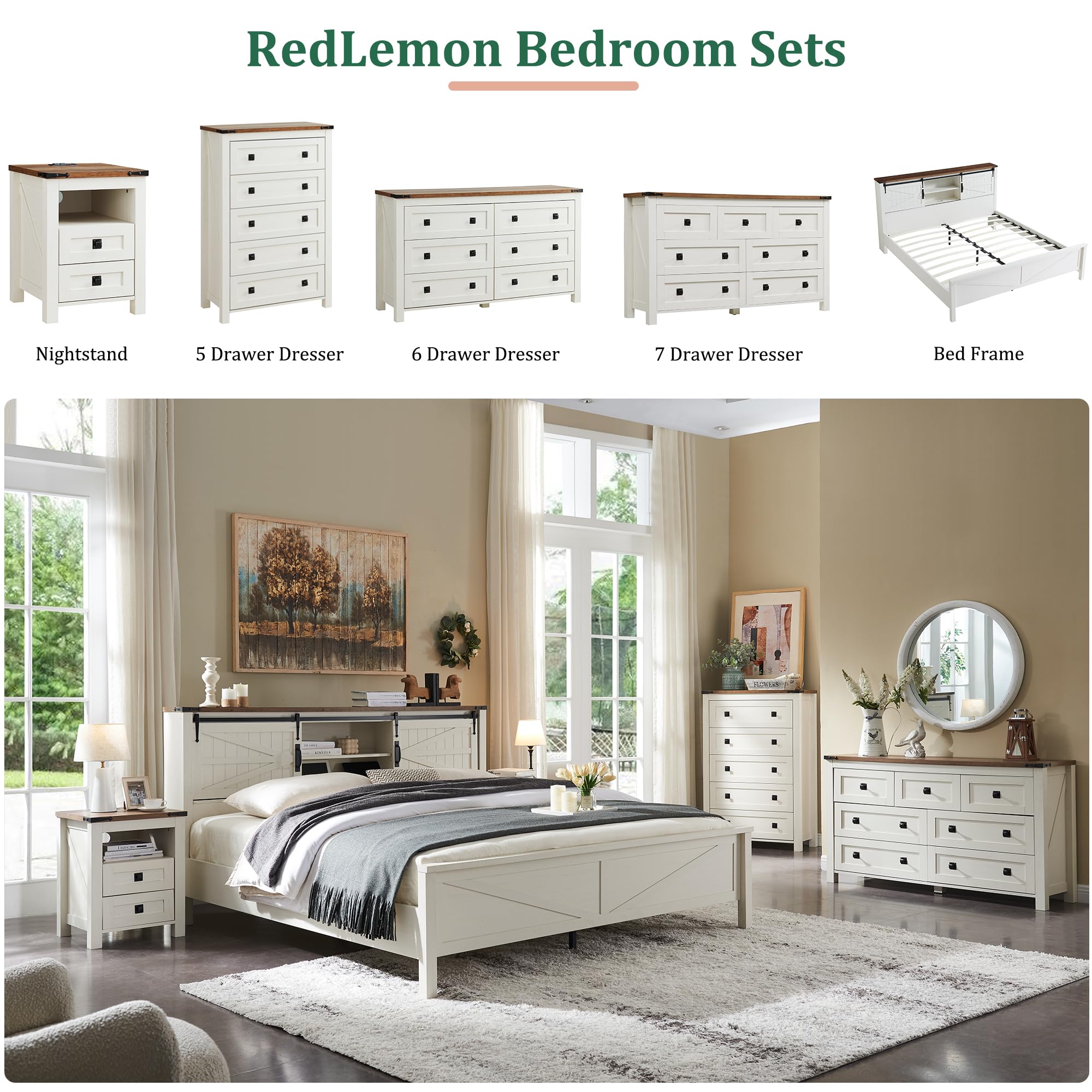 RedLemon Farmhouse Queen Size Bed Frame with Bookcase Headboard, Sliding Barn Door, Storage Cabinet, Charging Station, Wood Slats Support, No Box Spring Needed, Antique White