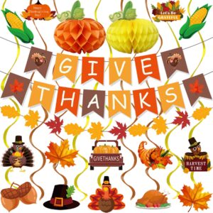 32pcs thanksgiving decorations, give thanks banner,maple leaf garland,autumn hanging swirls,pumpkin honeycomb balls for fall hanging party supplies