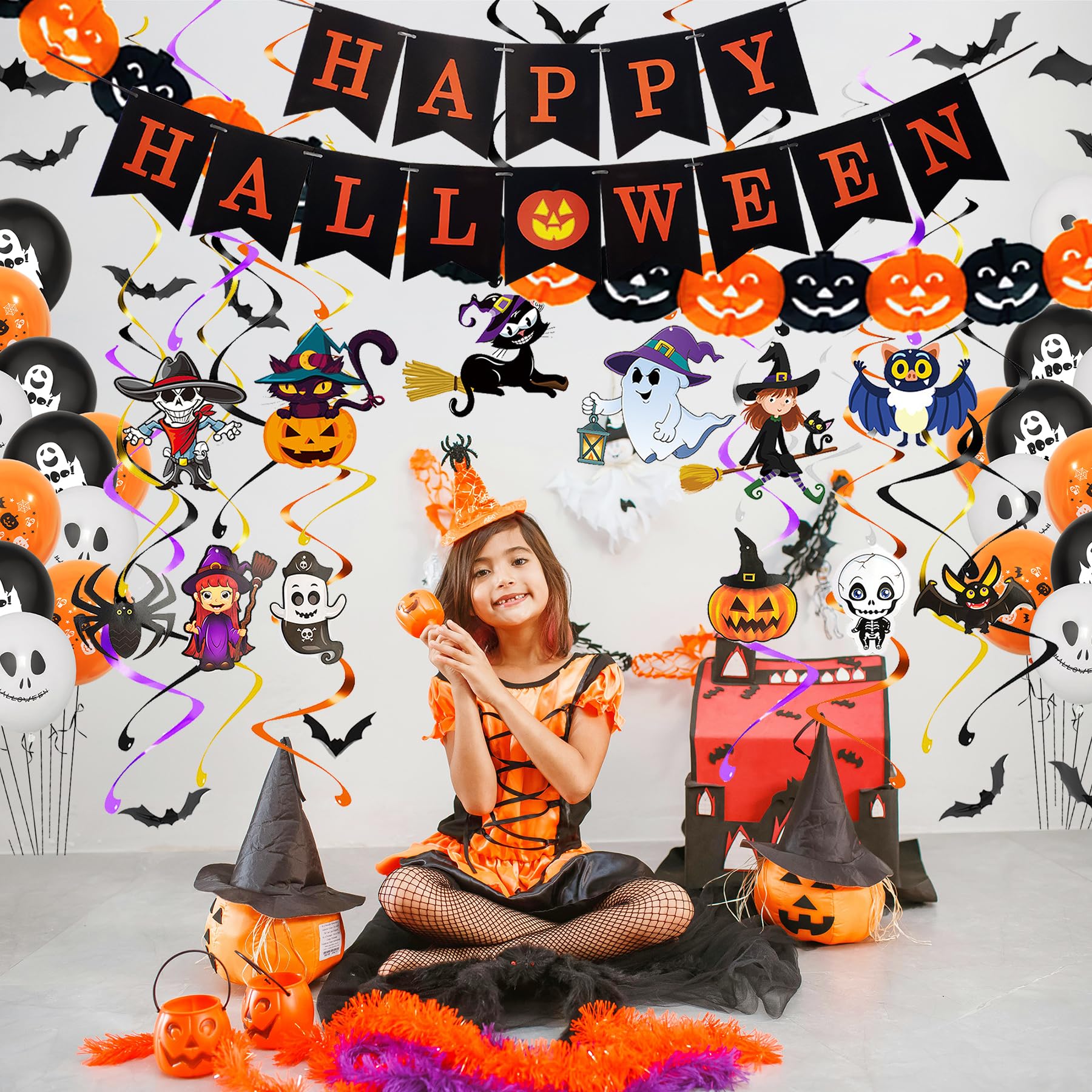 52 PCS Halloween Party Decorations Set Include Happy Halloween Banner, Pumpkin Banner, Hanging Swirl Streamers, Bats Wall Decor, Halloween Balloons Home Decor Party Favors Supplies