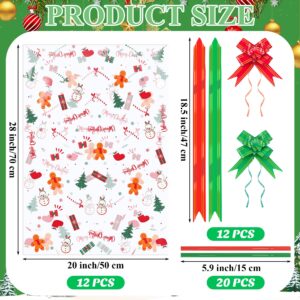 MIMIND 12 Pieces Christmas Large Basket Bags Clear Cellophane Bags 20 x 28 Inch Red Green Basket Bags Clear Thickened Gift Cookie Bags with Red Green Twist Ties, Bows Ribbon for Christmas Gift Baskets