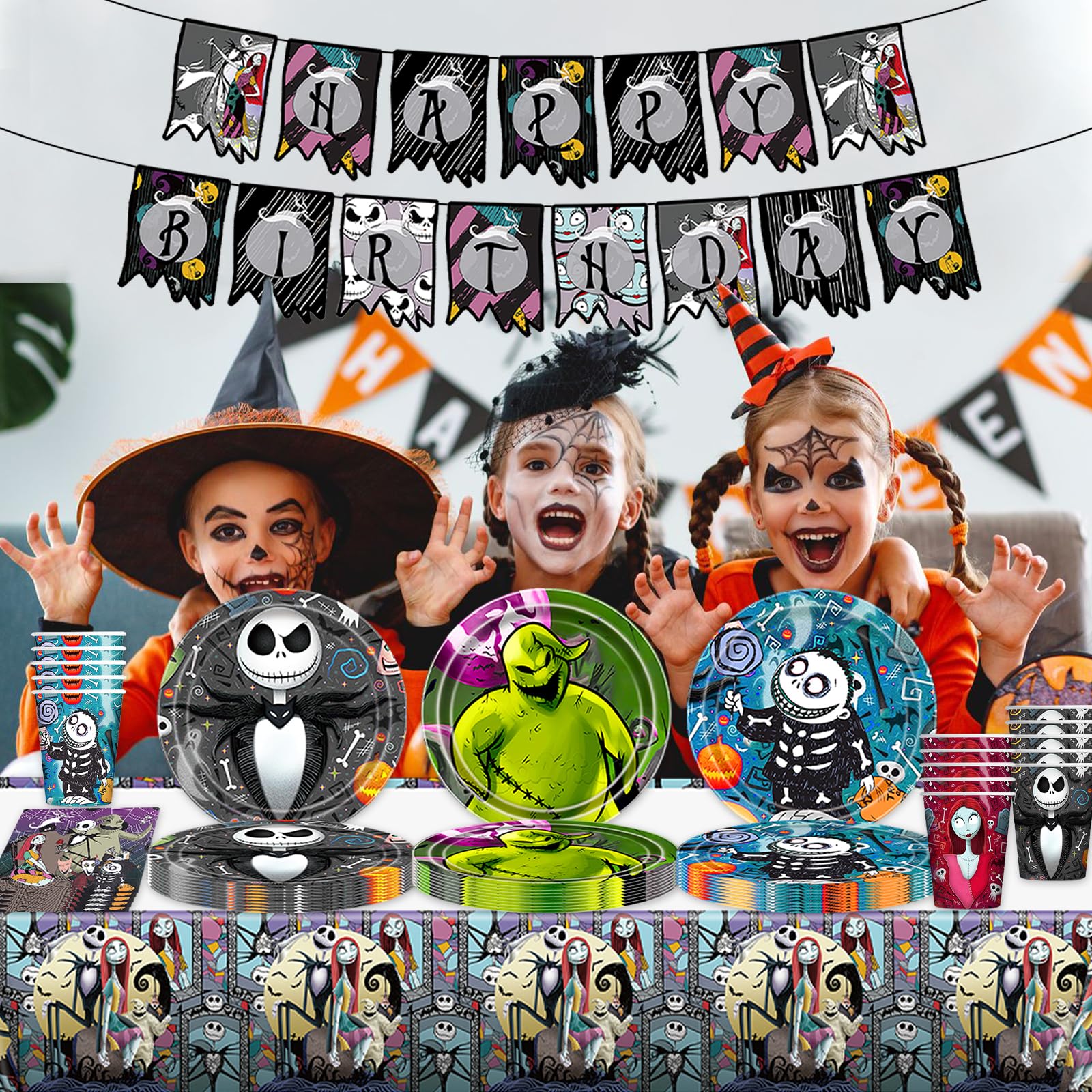 Nightmare Party Supplies 123Pcs Nightmare Tableware Included Banner,Cups,Plates,Napkins,Tablecloth for Nightmare Halloween Party Decoration Supplies