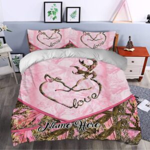 OhaPrints Personalized Hunting Duvet Cover, Deer Couple Heart Pink Camo Pattern Bedding Set & Pillowcases, Custom Name Soft Lightweight Twin Full Queen King Comforter Cover Bed Set